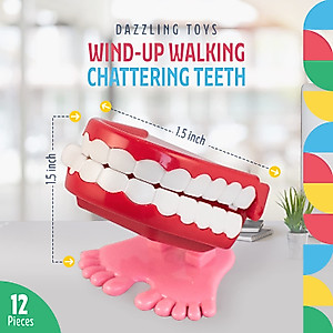 Dazzling Toys Plastic Fake Teeth - Pack of 12 Jumping Walking Chattering Wind Up Toys for Kids, Mini Amusement Toy for Gift, Goody Bag & Stocking Stuffer, Silly Prank Stuff, Halloween Party Favors