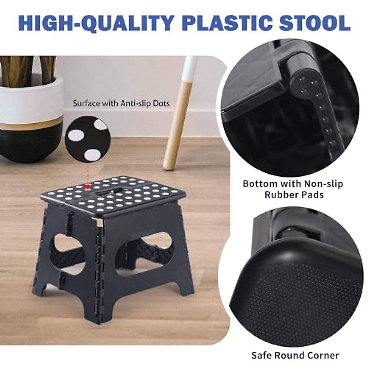 ROLIZOE Foldable Step Stool with Safety Lock, Space-Saving Plastic Stepping Stool, 11 Inch Multi-Purpose Portable Non-Slip Folding Step Stool for Kids & Adults-Black