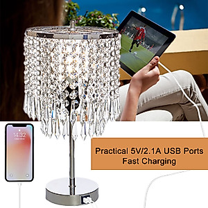 Popity home Crystal Table Lamp with Touch Control,Silver Lamp with Dual USB Charging Ports, 3 Way Dimmable Small Glam Lamp for Girls Bedroom, Living Room…