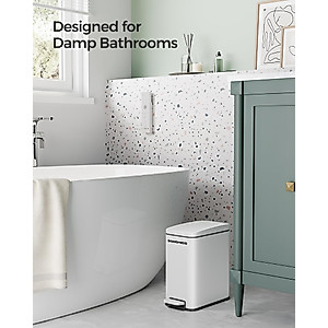 SONGMICS Bathroom Trash Can, 1.3 Gallon (5 L) Small Trash Bin with Lid, Slim for Small Spaces, Stainless Steel Garbage Can, Soft Close, White ULTB560W05
