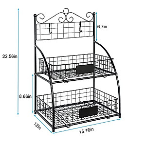 2-Tier Fruit Basket for Kitchen, Bananas Hanger Hook Holder &Countertop Tiered Fruit and Vegetable Storage Bowl Stand, Detachable, Easy to Assemble, Large Capacity for Home Kitchen Organizer-Black