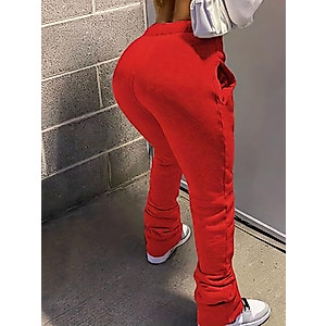 Clearance Women 6 Pockets High Waisted Cargo Pants Wide Leg Casual Pants Combat Military Trouser Red