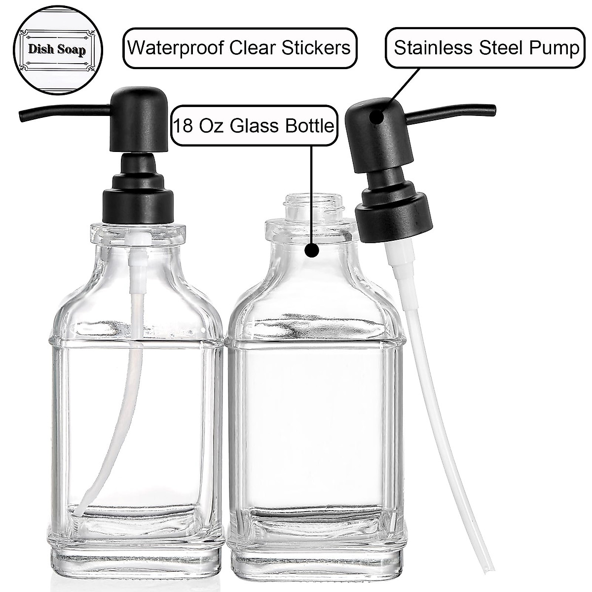 YOUEON 4 Pack 18 Oz Glass Soap Dispenser with Pump, Thick Glass Hand Soap Dispenser with Rust Proof Stainless Steel Pump & Clear Stickers, Refillable Soap Dispenser Set for Kitchen, Bathroom