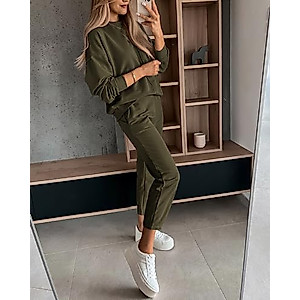 BTFBM Women's Fall Winter Sweatsuits Long Sleeve Sweatshirt Jogger Pants Lounge Sets 2 Piece Tracksuit Outfits Pockets(Solid Army Green, Medium)