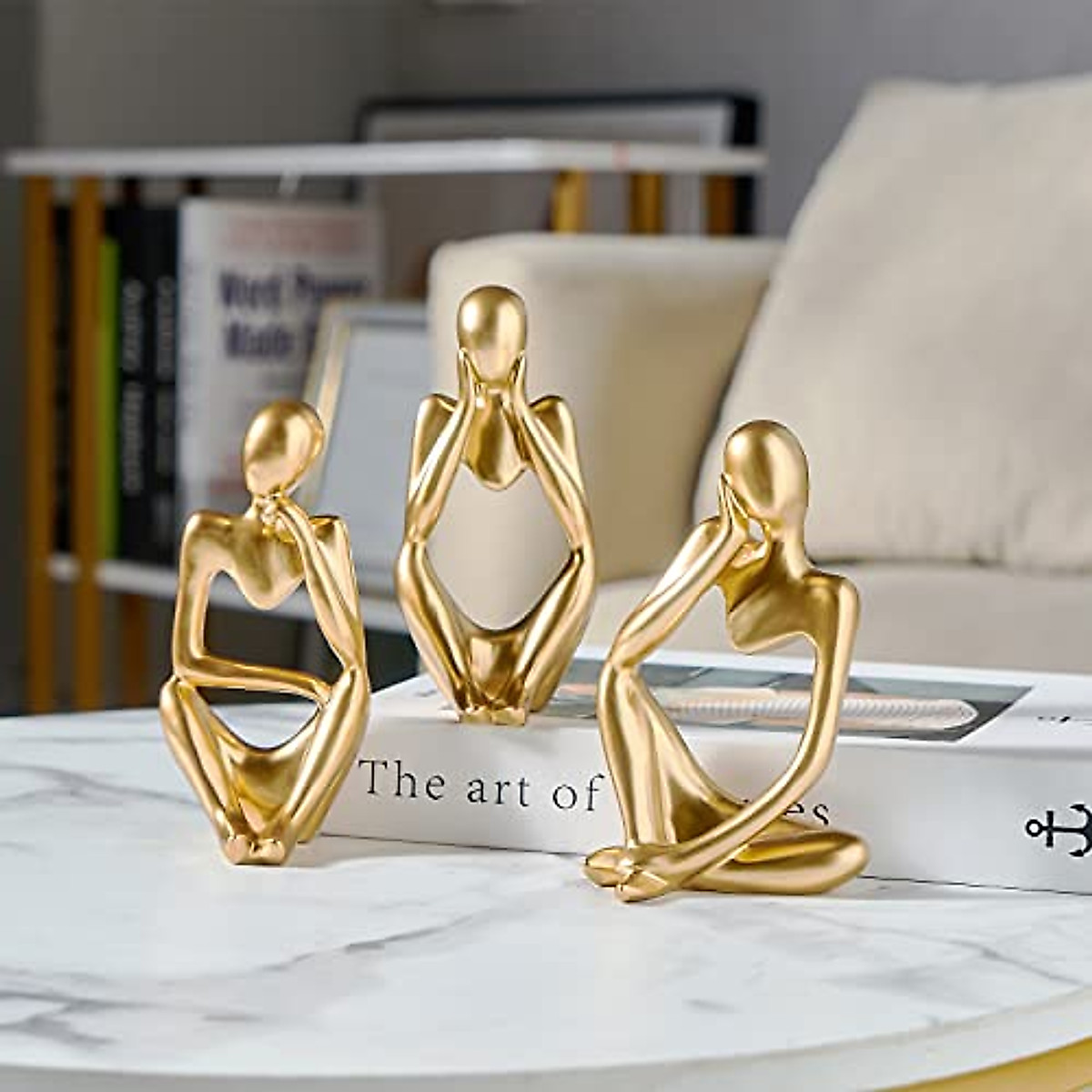 FJS Gold Decor Thinker Statue Abstract Art Sculpture, Set of 3 Golden Resin Collectible Figurines for Home Living Room Office Shelf Decoration