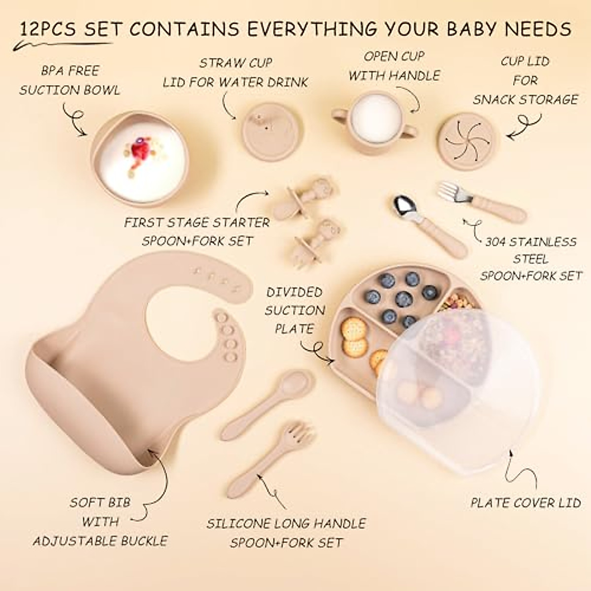 Vivalada Silicone Baby Feeding Set - Baby Led Weaning Supplies, Baby Suction Plate with Lid and Bowl, Toddler Self Feeding Spoons Forks Sippy Cup Adjustable Bib, Baby Utensils for 6-12 Months (Beige)