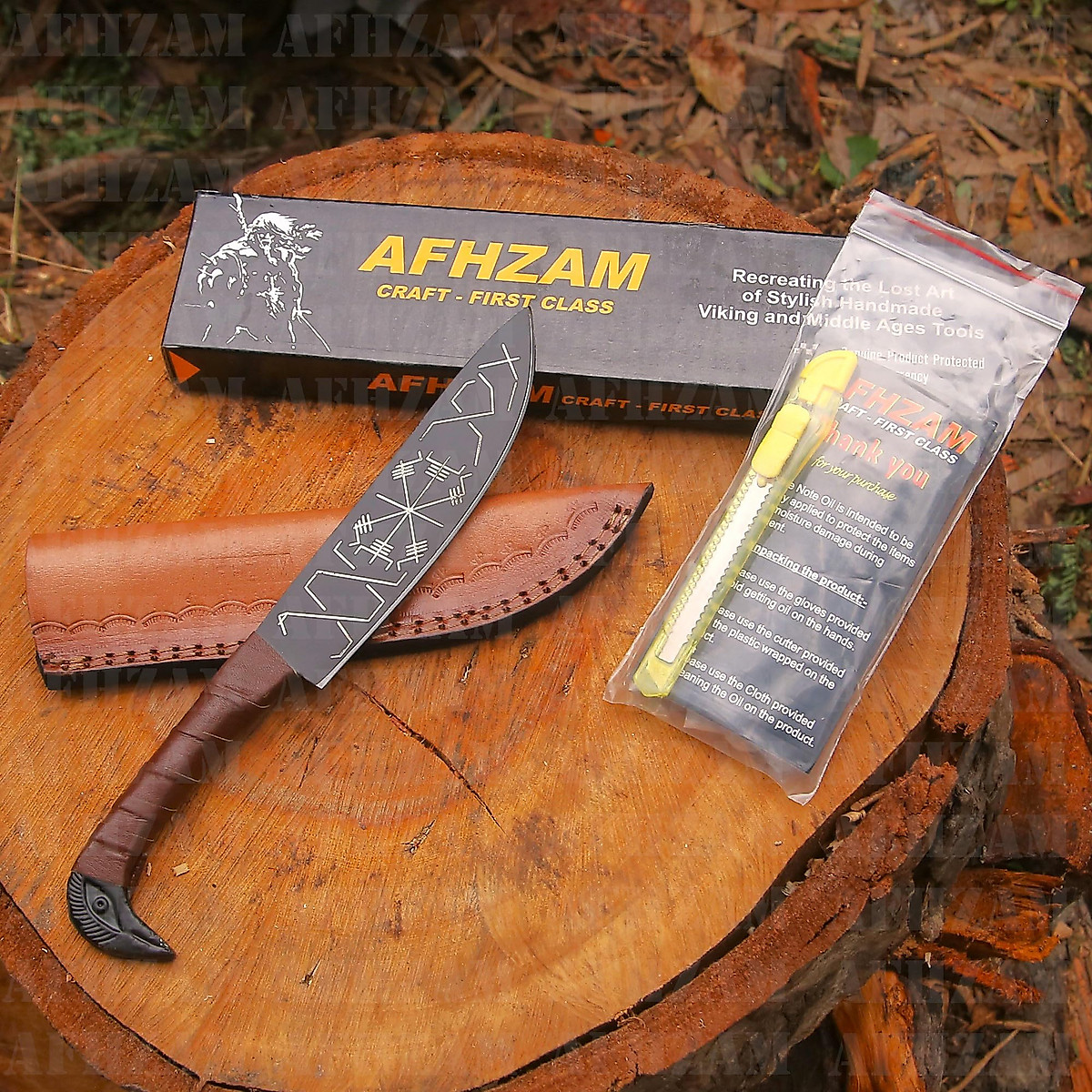 AFHZAM Viking Knife With Raven's Head Hilt & Leather Sheath | Hand Forged High Carbon Steel Blade | Camping Viking Engraved Fixed Blade Knives | Viking Gifts For Men (Kuk-114)