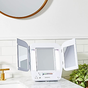 JERDON Modern Tri-Fold Makeup Mirror with Lights - Vanity Mirror with 5X Magnification & Multiple Light Settings - White Base - Model JGL10W