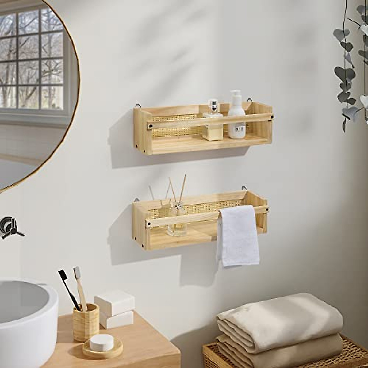 Petrala Boho Rattan Floating Shelves Set of 2, Natural Wood Wall Mounted Shelves for Wall Decor Bedroom Living Room Bathroom Office