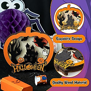 CNhoqc 3pcs Halloween Lighted Wooden Shadow Boxes, Lighted Up Pumpkin Cauldron Ghost Lamp Shadow Boxes for Halloween Table Decor Ghost Night Light Halloween Party Supplies for Kitchen Bedroom