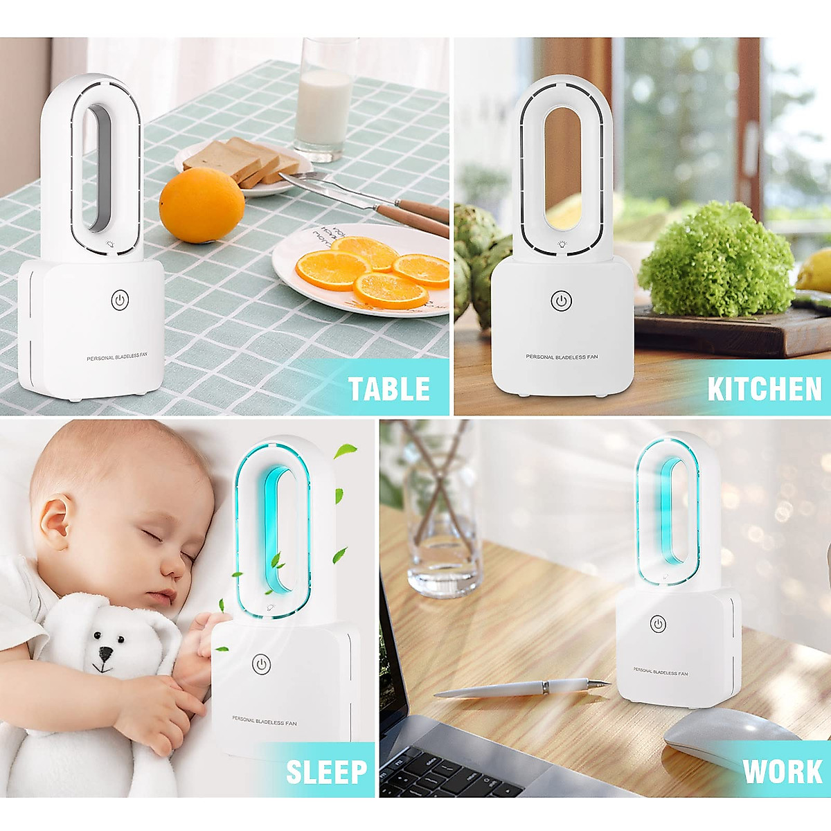 Bladeless Desk Fan Rechargeable, Small Bladeless Personal Fan Quiet Mini Table Fan, 12''Small Fan for Bedroom and Office, USB or 4000mAh Battery Operated, with Touch Control 6-Colors LED Light