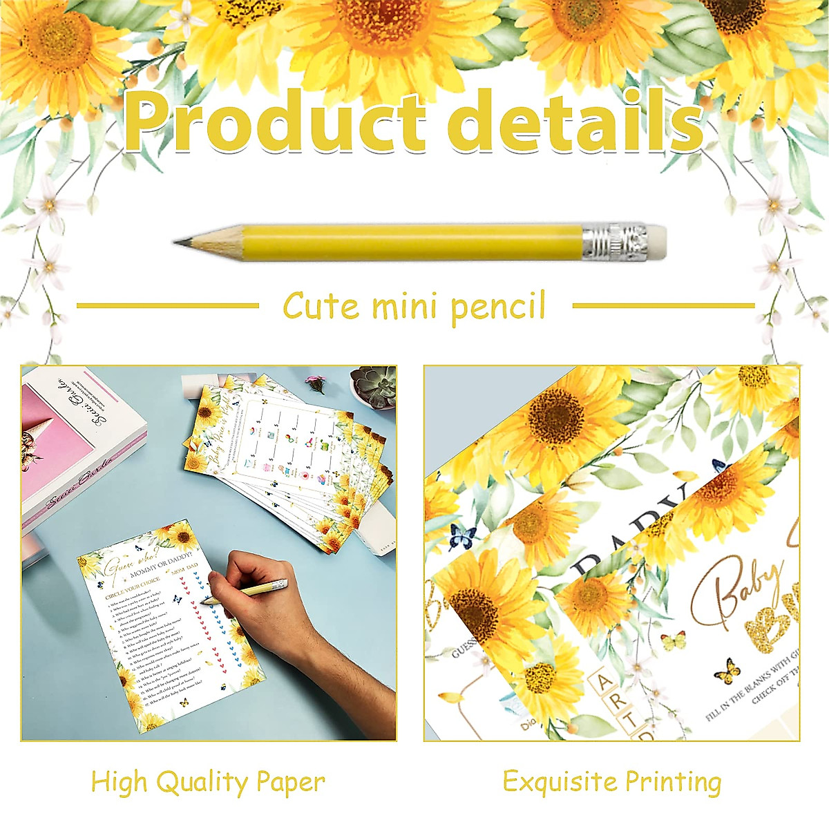 145 Pieces Sunflower Baby Girl Shower Game Set 5 Games 25 Sheets of Each with 20 Pencils Floral Baby Shower Games & Activities for Girl Includes Baby Descriptions and Wishes, Guess Who, Bingo Game