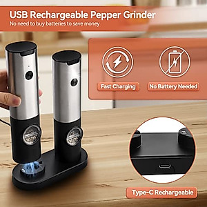 HOMCYTOP Electric Salt and Pepper Grinder Set W/USB Rechargeable Base, No Battery Needed, One Handed Operation, Automatic Powered Spice Mill Shakers Refillable, Adjustable Coarseness, LED Light