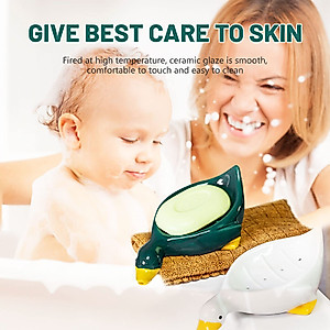 Longzhuo Cute Duck Soap Dish, 2Pcs Ceramic Soap Dish with Draining, Ceramic Soap Tray, Portable Soap Holder, Cute Duck Soap Shelf for Bathroom, Bathtub, Kitchen Sink Soap Box (White + Green)
