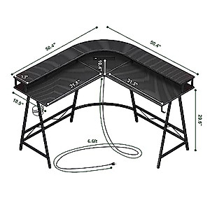 Huuger L Shaped Desk Gaming Desk with LED Lights & Power Outlets, Computer Desk with Monitor Shelves, Home Office Desk Corner Desk with Cup Holder & Hook, Carbon Fiber Black