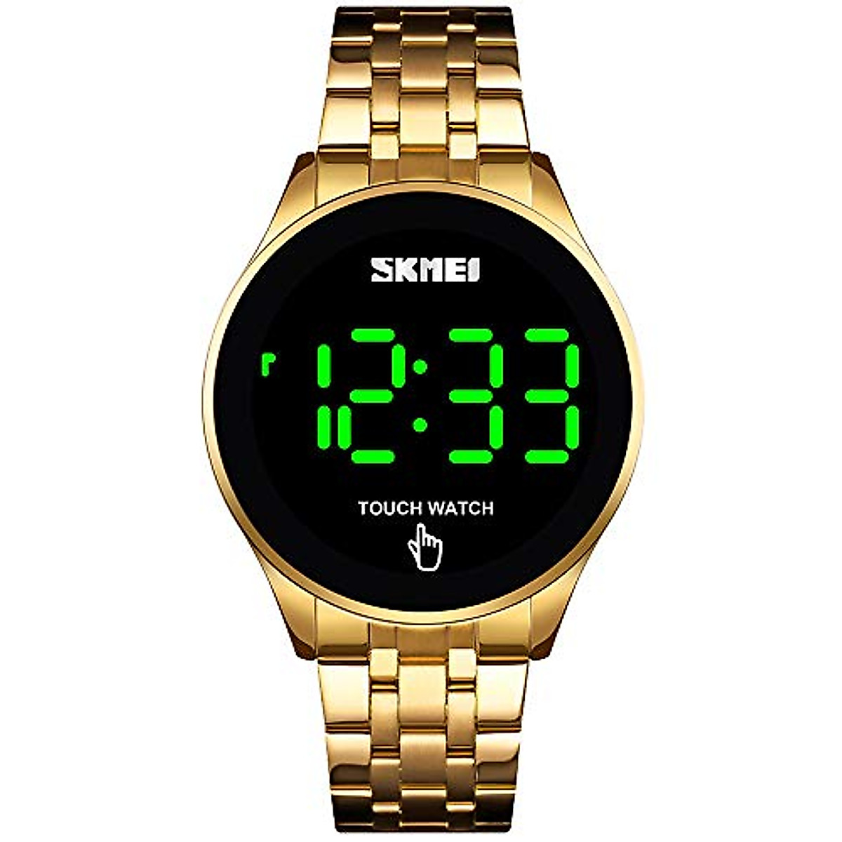 PASOY Touch Screen Digital LED Watch Green Highlight Backlight Stainless Steel WatchBand Waterproof Casual Sport Mens Womens Boys Watch (Gold)