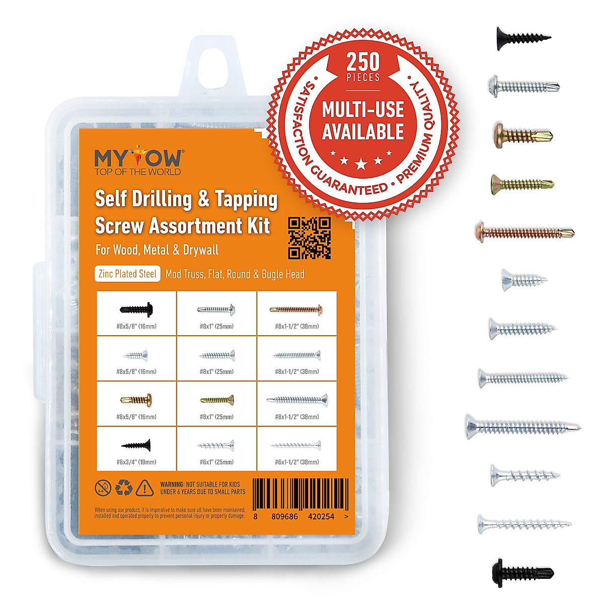 MYTOW Self Drilling & Self Tapping Screws Assortment Kit Set (250Pcs) Screws Available for Multi-use for Wood Screws, Sheet Metal Screws, and Drywall Screws,Screw Organizer and Storage