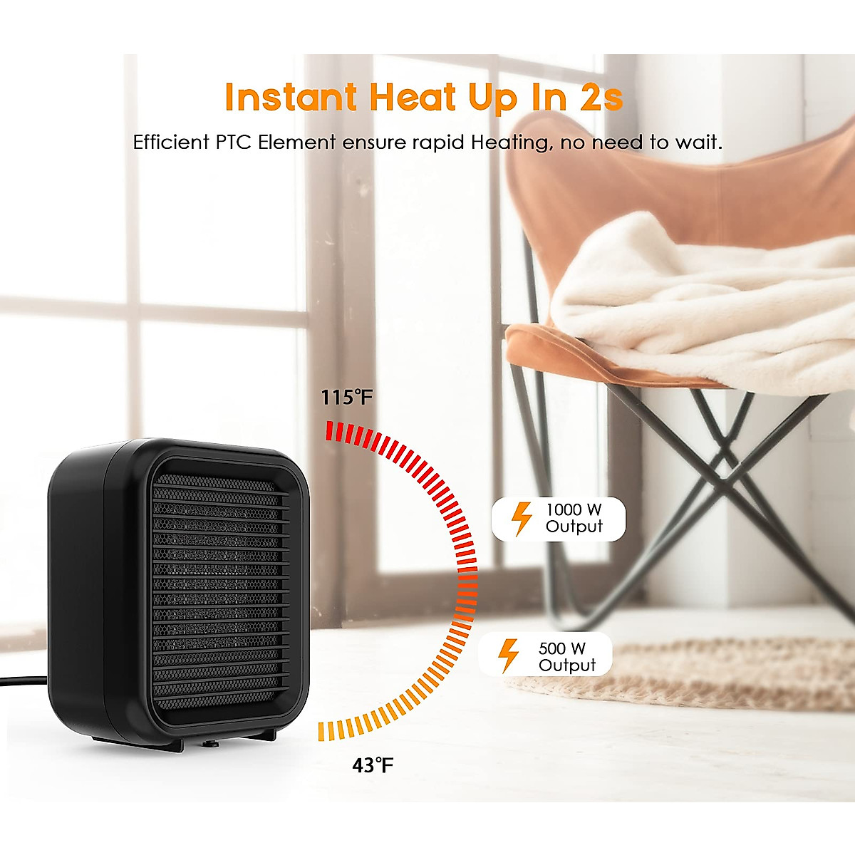 1000W Small Portable PTC Ceramic Heaters for Bedroom, Energy Efficient Electric Heater with Tip-Over and Overheat Protection, Personal Desk Heater for Bathroom Home Dorm Office Indoor Use