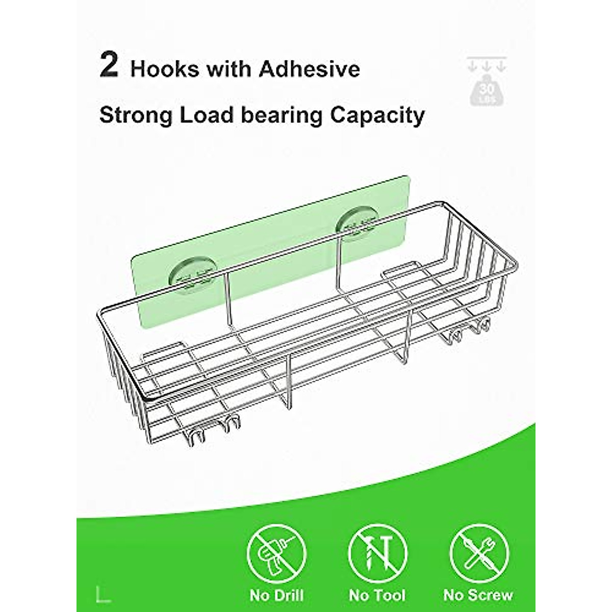 SMARTAKE 2-Pack Shower Caddy, Rustproof Bathroom Shelf Organizer with Hooks for Hanging Razor Sponge Brush, SUS304 Stainless Steel Wall Rack for Dorm, Toilet, Bath and Kitchen, Silver