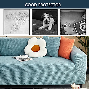 GUYIRT High Stretch Sofa Cover, Dustproof Furniture Protector for 1 2 3 4 Seater Sofa, Anti Slip Sofa Slipcovers with Elastic Strap-Blue-4 Seater(235-300cm)