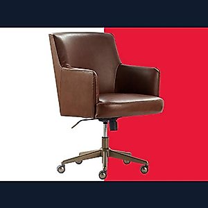Tommy Hilfiger Belmont Home Office Chair Adjustable Height and 360 Swivel for Computer Desk, Stainless Steel Base with Smooth Rolling Casters, Bonded Leather Upholstery, Cognac Brown