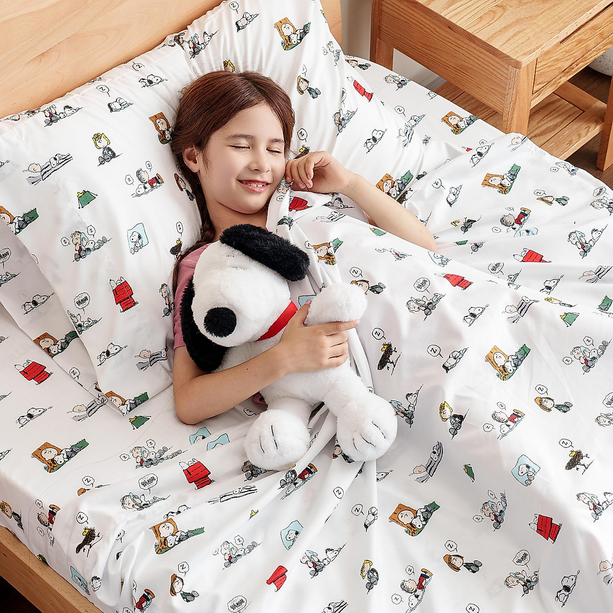 Berkshire Blanket Peanuts® Kids Sheet Set, Full Size - 4 Pieces, Peanuts® Sleeping Colorized Sheet Scale White, Cute Character Snoopy Printed Soft Microfiber Bed Sheets