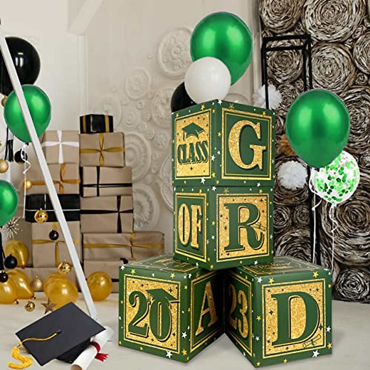 Graduation Balloon Boxes - 4 Sets of "GRAD" and"CLASS OF 2023" with Letters,Green and Gold Blocks for Graduation Ceremony Backdrop, High School College Graduation Party Supplies