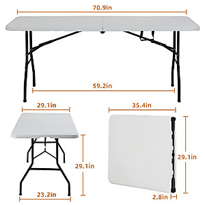 Hkeli 6 FT Folding Table Heavy Duty Plastic Indoor Outdoor Portable Fold Up Party Dining Table Utility Camping Table Hold Up to 500 LBS White