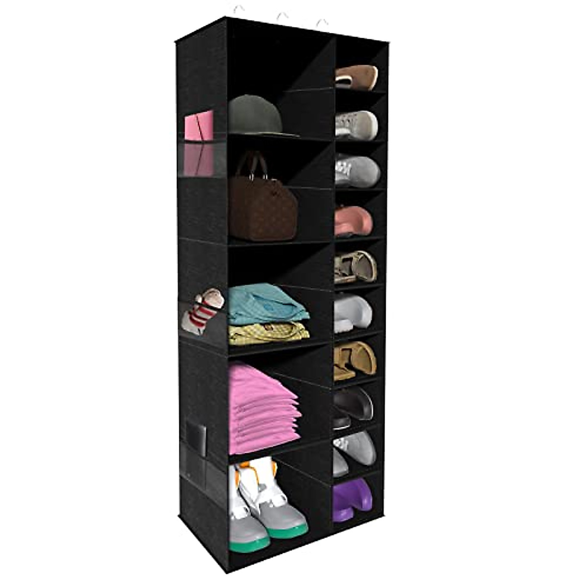 Libeder Shoe Organizer for Closet, 15 Shelf Hanging Closet Storage Shelves - 10 Shoe Rack Organizer and 5 Compartment for Clothes with 6 Side Mesh Pockets for Scarf, Socks,Gloves Black