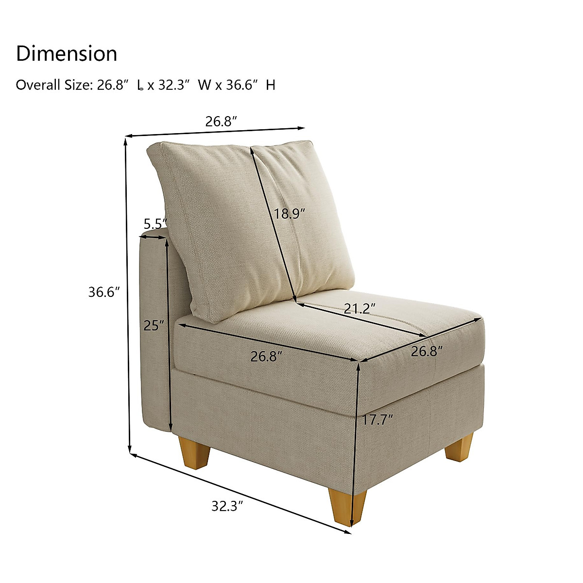 EASE MOOSE Modular Sectional Sofa Middle Seat Module, Linen Fabric Armless Middle Module for Modular Sofa Sectional Couch with Storage Beige