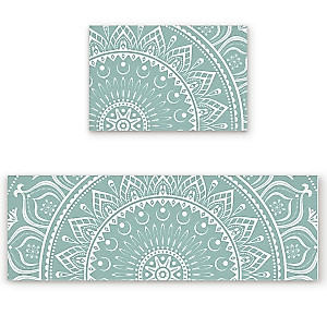 IDOWMAT 2 Pieces Non-Slip Microfiber Kitchen Rugs, Washable Dirt-Proof Mat Kitchen, Light Teal Mandala Pattern Kitchen Rugs and Mats Sets, Soft Absorbent Kitchen Floor Mats (15.7"x23.6"+15.7"x47.2")