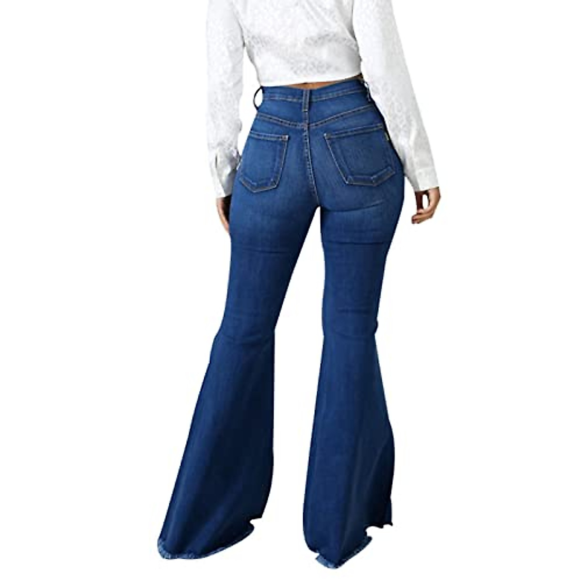 Maiyifu-GJ Women's Ripped Bell Bottom Jeans Destoryed High Waist Raw Hem Flared Jean Slimming Distressed Wide Leg Denim Pants (Dark Blue,Large)