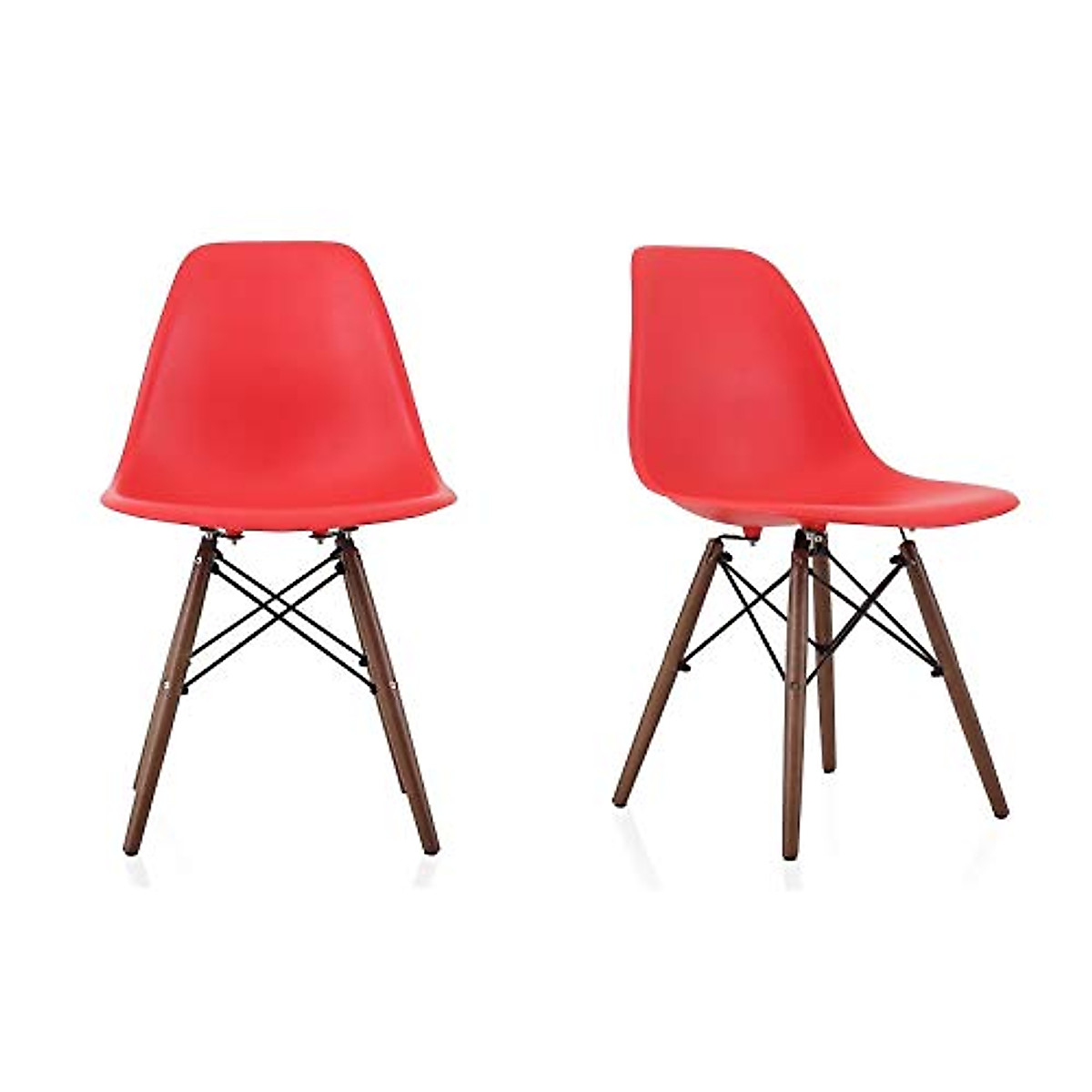 Set of 2 Ed Red Plastic Dining Shell Chair with Dark Walnut Wood Eiffel Legs Mid-Century Modern Upholstered