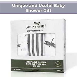 Jam Naturals- Organic Knotted Tie Bottom Adjustable Velcro Swaddle and Hat Set of 3, Newborn Sleep Sack (0-3m, 7-14lbs Grey)