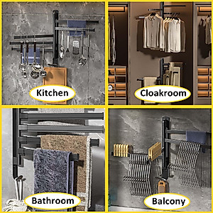 Little World Swivel Towel Rack, 5-Arm Towel Holder Wall Mounted Towel Racks for Bathroom, Aluminum Towel Bar Black Space Saving with Hook Bathroom Towel Holder