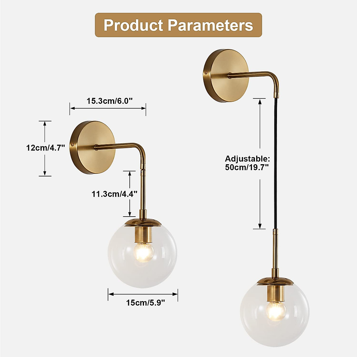 BOKT Mid Century Modern Globe Wall Sconce Lighting Brushed Brass Gold Bathroom Wall Light Clear Bubble Glass Ball Wall Light Fixture Lamp Bedroom Bedside Wall Light (Gold+Clear)