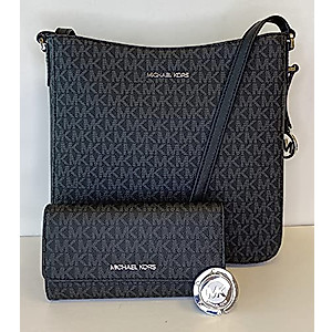 Michael Kors MICHAEL Michael Kors Jet Set Travel Large Messenger Crossbody bundle with Trifold Wallet Purse Hook (Signature MK Black)