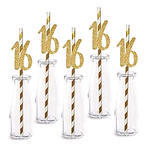 16th Birthday Paper Straw Decor, 24-Pack Real Gold Glitter Cut-Out Numbers Happy 16 Years Party Decorative Straws