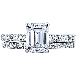 PEORA Moissanite Emerald Cut Engagement Ring and Wedding Band Bridal Set in Sterling Silver, 2 Carat Center, DE Color, VVS Clarity, Size 4.5