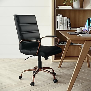 Flash Furniture Whitney Mid-Back Swivel LeatherSoft Desk Chair with Padded Seat and Armrests, Adjustable Height Padded LeatherSoft Office Chair, Black/Rose Gold