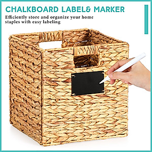 Nitial 4 Pcs Wicker Storage Basket, Rectangular Water Hyacinth Storage Baskets for Shelving, Foldable Woven Pantry Organizer with Chalkboard Label and Chalk Marker(Natural,12 x 12 x 12 Inch)