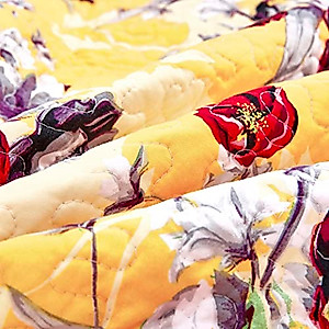 DaDa Bedding Yellow Floral Lap Quilt - Quilted Throw Blanket - Hummingbirds Farmhouse Red Flowers for Couch, Sofa or Bed- Scalloped Edges Bright Vibrant for Biophilic Design - 50 x 60