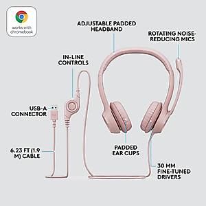 Logitech H390 Wired Headset for PC/Laptop, Stereo Headphones with Noise Cancelling Microphone, USB-A, in-Line Controls for Video Meetings, Music, Gaming and Beyond - Rose