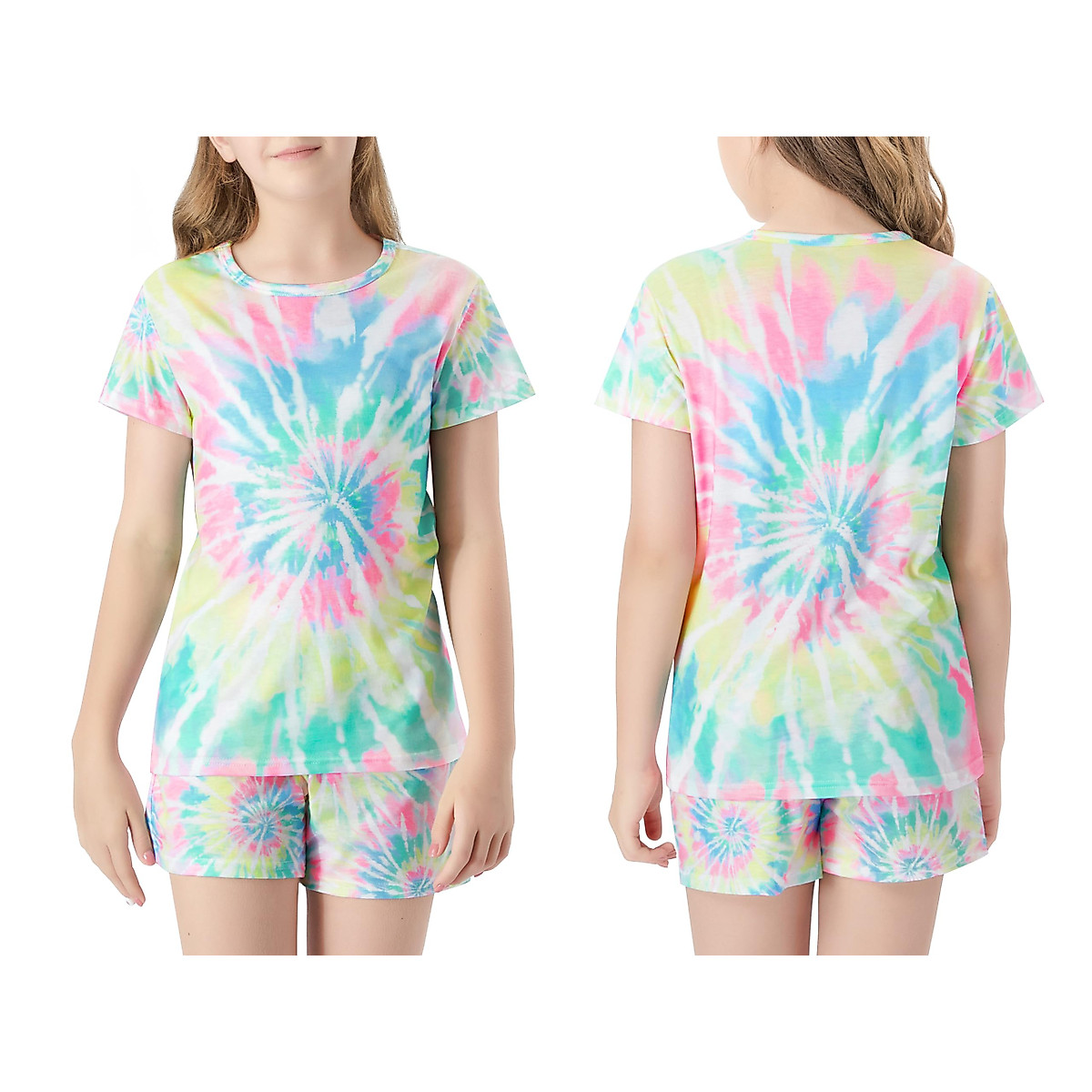 Topgal Little & Big Girls Tie Dye Rainbow Swirl Pajamas Tee & Shorts 2-Piece Sleepwear Set Cute Jammies Size 18