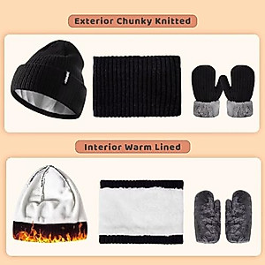 Baby Beanie Mittens Scarf Set Girls Boys, Toddler Winter Hat and Gloves Neck Warmer Set Knit Warm with Fleece Lining, Kids Cold Weather Accessories Sets for Children Infant(Black,6-36 Months)