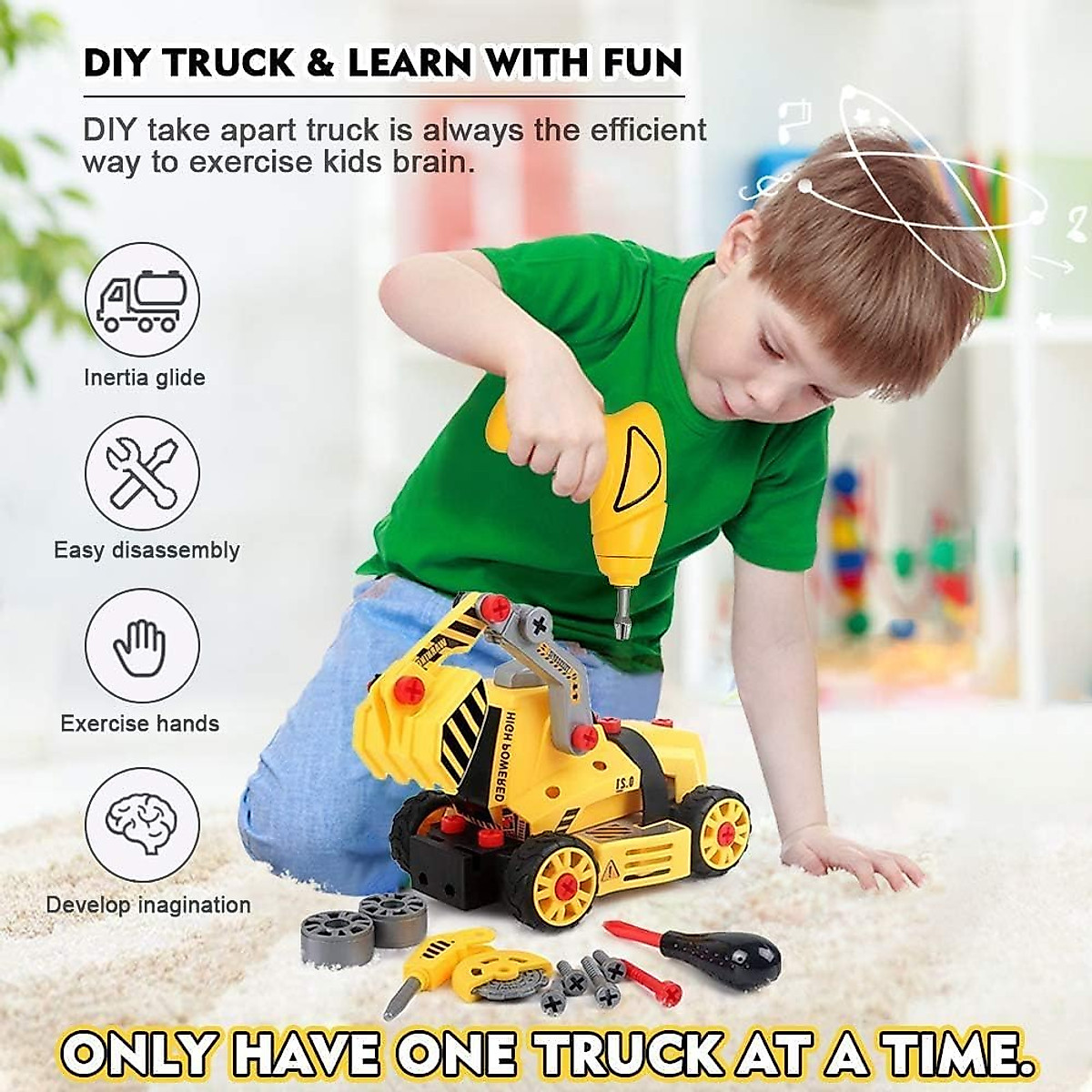 FLY2SKY Toys for 3 4 5 6 7 8 Year Old Boys 7 in 1 Take Apart Toys with Electric Drill Take Apart Truck Toys Construction Set DIY Engineering Building Toy Push & Go STEM Toy Gift for Boys Toys Age 6-8