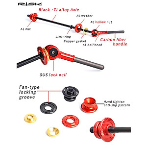 CYCEARTH 40.35g Titanium Bicycle QR Skewer lever MTB Road Bike Wheel Hub Ultralight Ti-Axis Carbon Fiber Handle Quick Release Skewer (Red)
