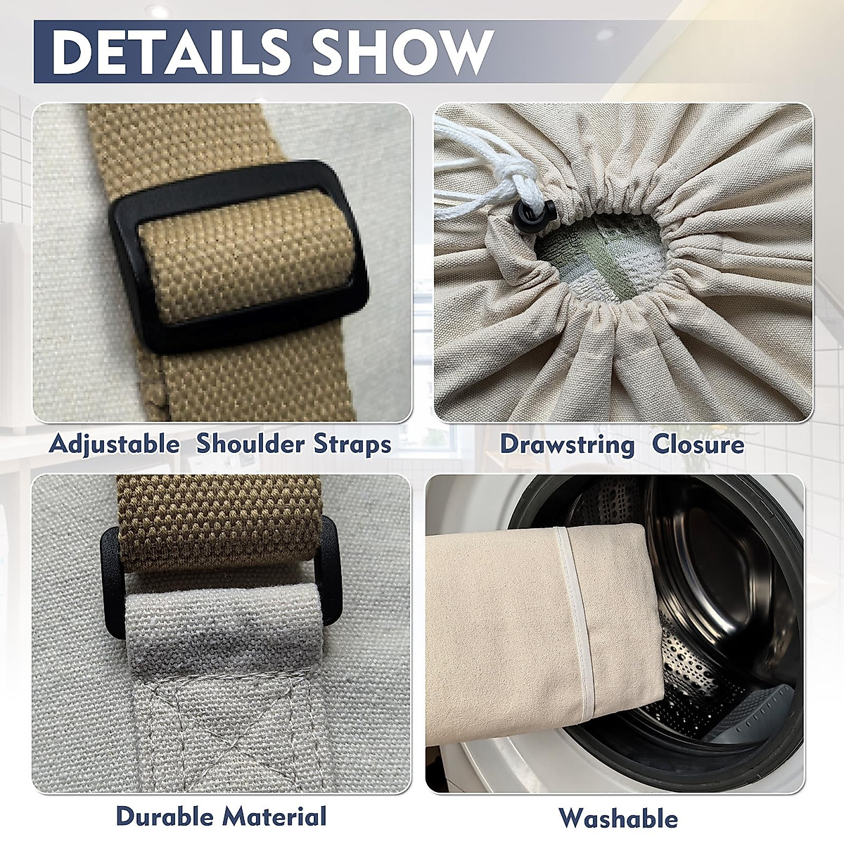 GORISEN Canvas Laundry bag, Washable Laundry backpack, Adjustable Straps, Large Front Pocket, Drawstring Closure (BEIGE, X-Large)