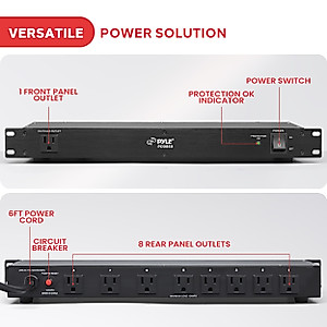 Pyle PDU Power Strip Surge Protector - 150 Joule 15 Amp 9 Outlet, Heavy Duty Electric Extension Cord Strip - 1U Rack Mount Protection Power Outlet Strip W/ AC Filter - PCO850