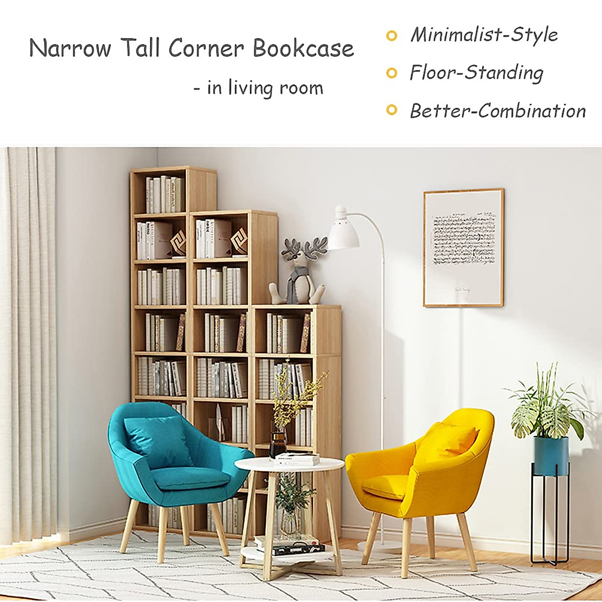 IOTXY Small Narrow Corner Bookcase - 59 Inches Tall Gap Freestanding Storage Cabinet, 7 Lattices Open Shelves Tower Rack, Cubes Bookshelf in Oak